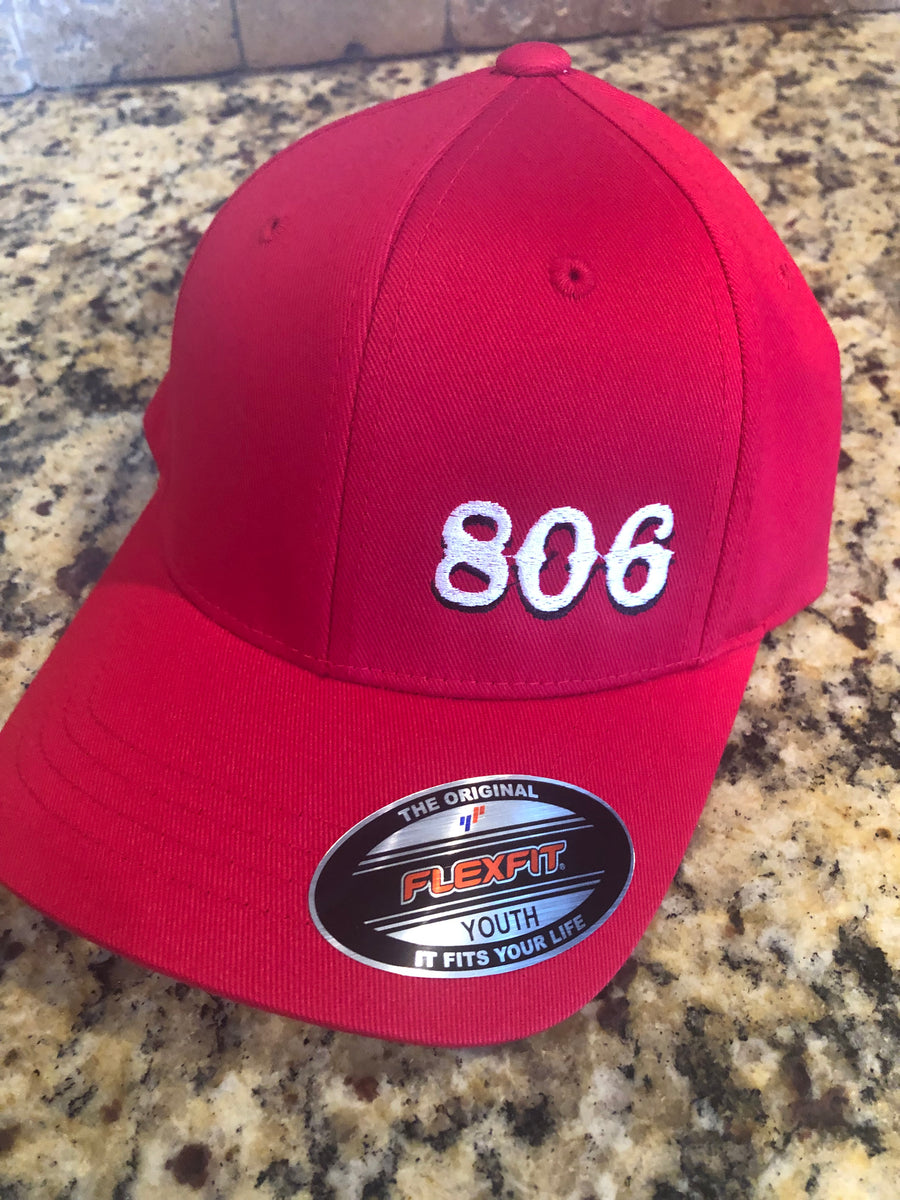 806 Red Flex Fit YOUTH hat Retro Logo White 806 Black Outline – 806apparel